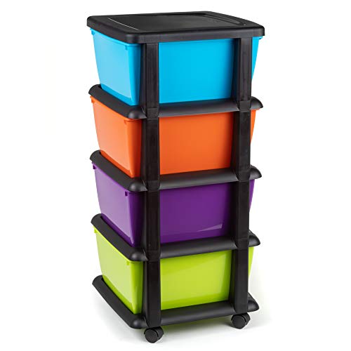 Maxi Nature Plastic Storage Drawers on Wheels - Sturdy Frame, Durable, Heavy Duty Organiser - 4 Tier Large Storage Unit for Bedroom, Bathroom, Garage, Office - Made in Europe - Multicolour