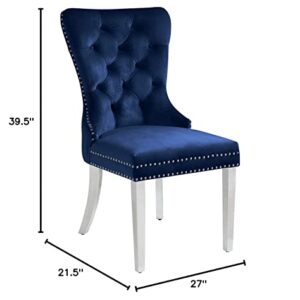 Meridian Furniture Carmen Collection Modern | Contemporary Velvet Upholstered Dining Chair with Button Tufting and Chrome Metal Legs, Set of 2, Navy, 21.5" W x 27" D x 39.5" H