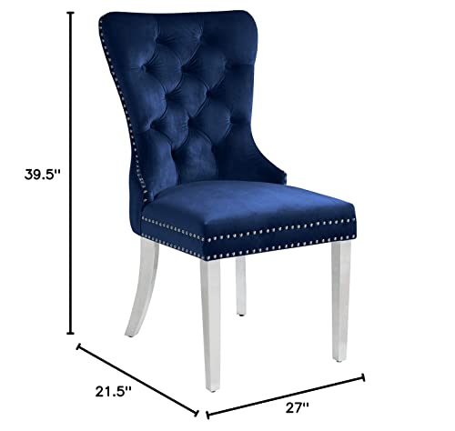 Meridian Furniture Carmen Collection Modern | Contemporary Velvet Upholstered Dining Chair with Button Tufting and Chrome Metal Legs, Set of 2, Navy, 21.5" W x 27" D x 39.5" H