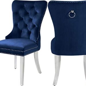 Meridian Furniture Carmen Collection Modern | Contemporary Velvet Upholstered Dining Chair with Button Tufting and Chrome Metal Legs, Set of 2, Navy, 21.5" W x 27" D x 39.5" H