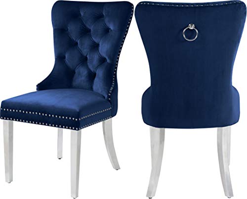 Meridian Furniture Carmen Collection Modern | Contemporary Velvet Upholstered Dining Chair with Button Tufting and Chrome Metal Legs, Set of 2, Navy, 21.5" W x 27" D x 39.5" H