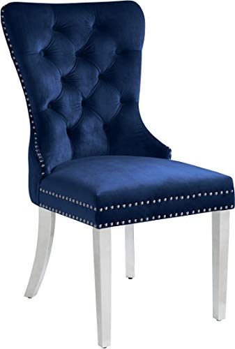 Meridian Furniture Carmen Collection Modern | Contemporary Velvet Upholstered Dining Chair with Button Tufting and Chrome Metal Legs, Set of 2, Navy, 21.5" W x 27" D x 39.5" H