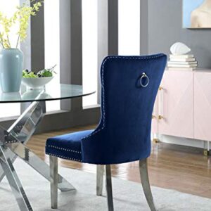 Meridian Furniture Carmen Collection Modern | Contemporary Velvet Upholstered Dining Chair with Button Tufting and Chrome Metal Legs, Set of 2, Navy, 21.5" W x 27" D x 39.5" H