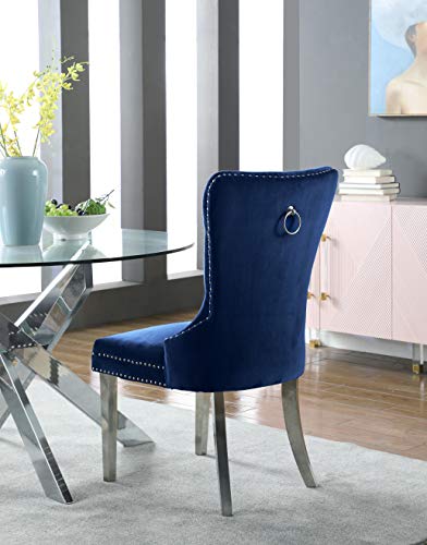 Meridian Furniture Carmen Collection Modern | Contemporary Velvet Upholstered Dining Chair with Button Tufting and Chrome Metal Legs, Set of 2, Navy, 21.5" W x 27" D x 39.5" H