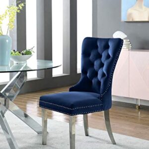 Meridian Furniture Carmen Collection Modern | Contemporary Velvet Upholstered Dining Chair with Button Tufting and Chrome Metal Legs, Set of 2, Navy, 21.5" W x 27" D x 39.5" H