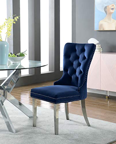 Meridian Furniture Carmen Collection Modern | Contemporary Velvet Upholstered Dining Chair with Button Tufting and Chrome Metal Legs, Set of 2, Navy, 21.5" W x 27" D x 39.5" H