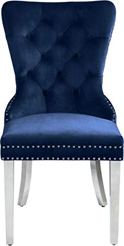 Meridian Furniture Carmen Collection Modern | Contemporary Velvet Upholstered Dining Chair with Button Tufting and Chrome Metal Legs, Set of 2, Navy, 21.5" W x 27" D x 39.5" H