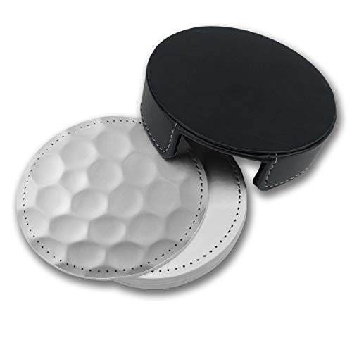 White Golf Ball Coasters For Drinks With Holder, Leather Coasters Set Of 6, Round Cups Mugs Mat Pad For Home Kitchen