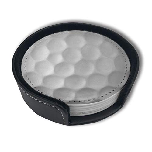 White Golf Ball Coasters For Drinks With Holder, Leather Coasters Set Of 6, Round Cups Mugs Mat Pad For Home Kitchen