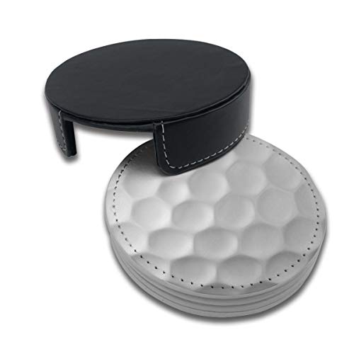 White Golf Ball Coasters For Drinks With Holder, Leather Coasters Set Of 6, Round Cups Mugs Mat Pad For Home Kitchen