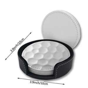 White Golf Ball Coasters For Drinks With Holder, Leather Coasters Set Of 6, Round Cups Mugs Mat Pad For Home Kitchen