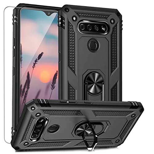 TJS Compatible with LG K51 Case, LG Q51 Case, LG Reflect Case, with [Tempered Glass Screen Protector][Defender][Metal Ring][Magnetic Support] Kickstand Heavy Duty Drop Protector Phone Case (Black)