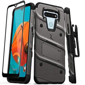 zizo bolt series for lg k51 / lg reflect case with screen protector kickstand holster lanyard - gun metal gray & black