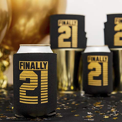 21st Birthday Party Decorations for Him, Insulated Can Coolers for Birthday Party Favors for Men, Soda and Beer Sleeves Birthday Party Supplies for Guys, 12-Pack, Black & Gold