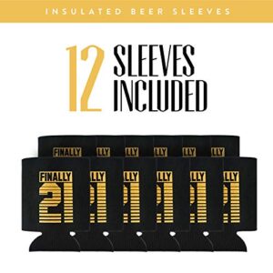 21st Birthday Party Decorations for Him, Insulated Can Coolers for Birthday Party Favors for Men, Soda and Beer Sleeves Birthday Party Supplies for Guys, 12-Pack, Black & Gold