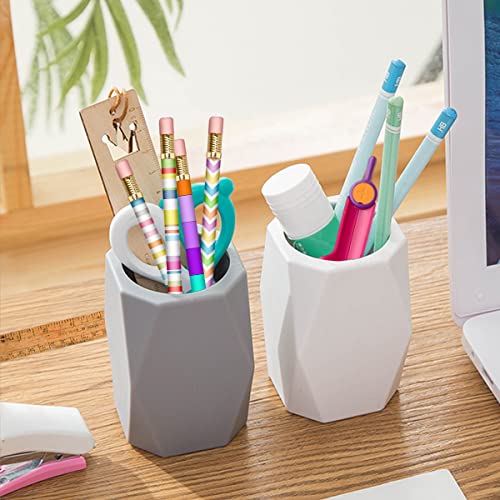 Cerpourt 2 Pack Silicone Pencil Holder White Geometric Pen Cup for Desk Makeup Brush Holder,Desktop Organizer Pen Holder Ideal Gift for Office Home