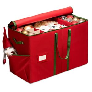 zober christmas ornament storage box - stores 80 ornaments w/dividers - christmas ornament, figurines, and accessory storage containers - side pocket, card slot, durable - red