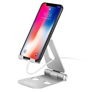 urmust cell phone stand for desk adjustable foldable phone holder for office portable desktop dock compatible with iphone 14 13 12 11 max pro xs xr x 8 7 6, ipad mini, tablets 7-10" (silver)