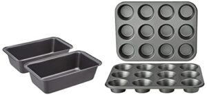 amazon basics nonstick baking bread loaf pan, 9.5 x 5 inch, set of 2 & nonstick muffin baking pan, 12 cups - set of 2