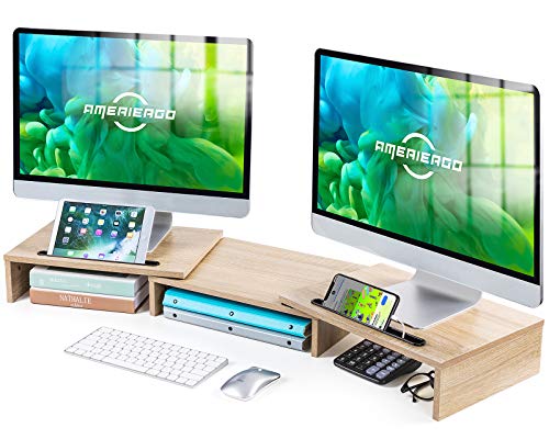 AMERIERGO Dual Monitor Stand -Adjustable Length and Angle Dual Monitor Riser, Computer Monitor Stand w/2 Slot, Desktop Organizer, Monitor Stand Riser for PC, Computer, Laptop (Wood)