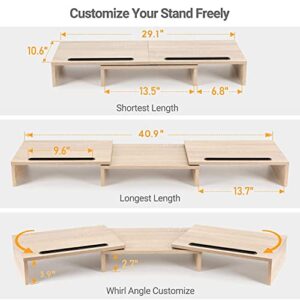 AMERIERGO Dual Monitor Stand -Adjustable Length and Angle Dual Monitor Riser, Computer Monitor Stand w/2 Slot, Desktop Organizer, Monitor Stand Riser for PC, Computer, Laptop (Wood)