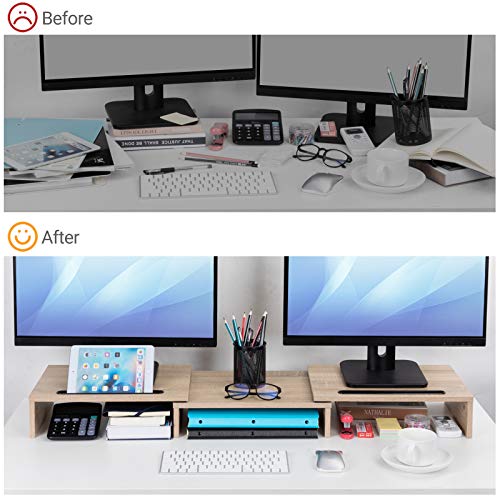 AMERIERGO Dual Monitor Stand -Adjustable Length and Angle Dual Monitor Riser, Computer Monitor Stand w/2 Slot, Desktop Organizer, Monitor Stand Riser for PC, Computer, Laptop (Wood)