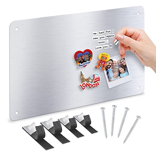 Stainless Steel Metal Magnet Board - 17.5 x 11.5 Flat Silver Magnetic Board for Magnets and Bulletin Board - Includes Dual Lock Tape