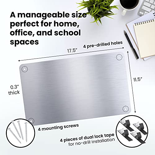 Stainless Steel Metal Magnet Board - 17.5 x 11.5 Flat Silver Magnetic Board for Magnets and Bulletin Board - Includes Dual Lock Tape