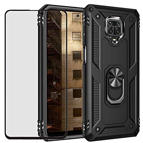 DuoLide for Xiaomi Redmi Note 9S / Note 9 Pro Case with Tempered Glass Screen Protector,Hybrid Heavy Duty Dual Layer Anti-Scratch Shockproof Defender Kickstand Armor Case Cover, Black