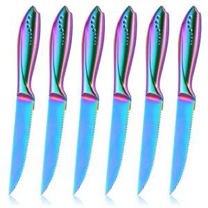 wellstar rainbow serrated steak knife set of 6, razor sharp german steel blade 4.75 inch and comfortable stainless steel hollow handle with titanium coated dinner table knives set for home restaurant