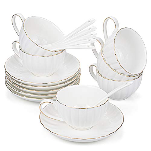 Hedume 18 PCS Tea Cup Set, 5oz Espresso Cups with Saucers and Spoons, Cappuccino Cups with Gold Trim British Coffee Cups for Specialty Coffee Drinks, Latte, Cafe Mocha and Tea