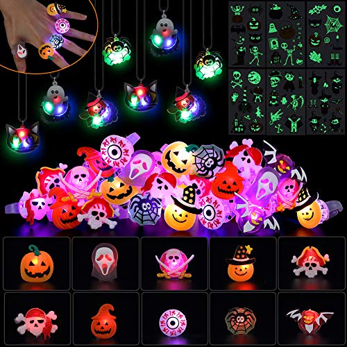 Twister.CK 54 PCS Halloween Party Favors for Kids, 40 Pack LED Light Up Rings, 8 Pack LED Light Up Necklaces, 6 Pack Halloween Temporary Tattoo Glowing Stickers, Glow in the Dark Party Supplies Halloween LED Light Up Toys Non Candy Halloween Treats Goodie