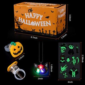 Twister.CK 54 PCS Halloween Party Favors for Kids, 40 Pack LED Light Up Rings, 8 Pack LED Light Up Necklaces, 6 Pack Halloween Temporary Tattoo Glowing Stickers, Glow in the Dark Party Supplies Halloween LED Light Up Toys Non Candy Halloween Treats Goodie