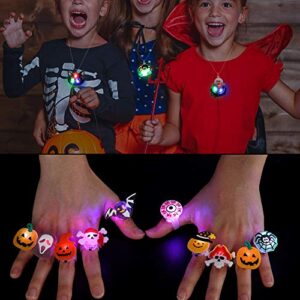 Twister.CK 54 PCS Halloween Party Favors for Kids, 40 Pack LED Light Up Rings, 8 Pack LED Light Up Necklaces, 6 Pack Halloween Temporary Tattoo Glowing Stickers, Glow in the Dark Party Supplies Halloween LED Light Up Toys Non Candy Halloween Treats Goodie