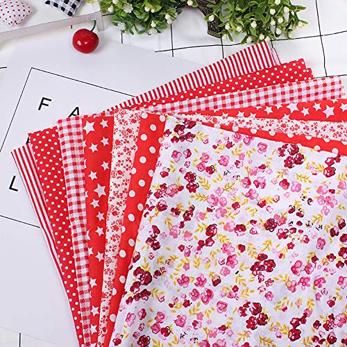 Gaweb 7Pcs 25x25cm Floral Patchwork Cotton Fabric Plain Cloth for DIY Sewing Quilting for Patchwork, Sewing Tissue to Patchwork,Squares Bundles Red