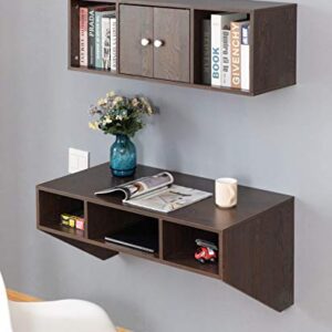 Basicwise Wall Mounted Computer Cabinet Floating Hutch, Brown