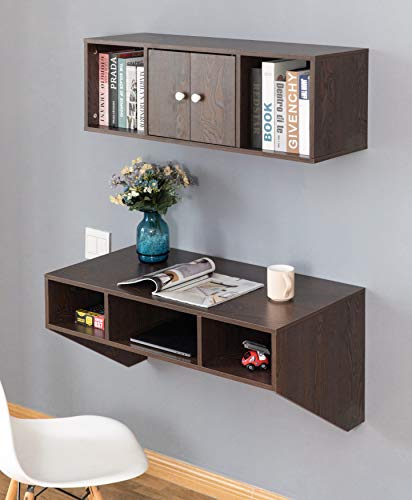 Basicwise Wall Mounted Computer Cabinet Floating Hutch, Brown