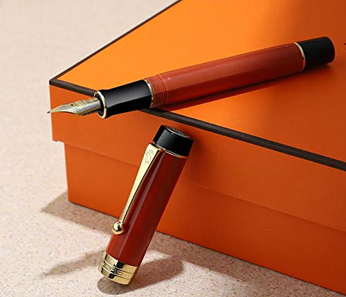 Jinhao Classic Fountain Pen Orange Red Celluloid, Medium Nib with Conveter and Pen Case Set