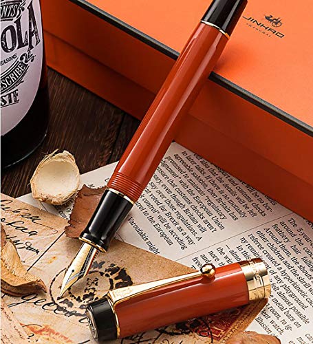 Jinhao Classic Fountain Pen Orange Red Celluloid, Medium Nib with Conveter and Pen Case Set