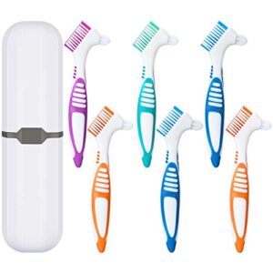 willbond 6 pieces denture brush toothbrush hard denture toothbrush brush cleaning brush with white carrying case for false teeth cleaning (green, purple, blue and orange)