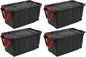 sterilite 14699002 40 gallon/151 liter wheeled industrial tote, black lid & base w/racer red handle & latches, 4 pack