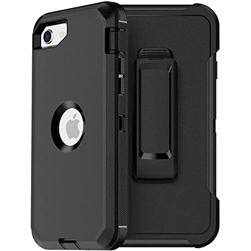 MXX iPhone SE 2022 / SE 2020 Heavy Duty Protective Case with Screen Protector [3 Layers] Rugged Rubber Shockproof Protection Cover & Rotating 360 Degree Belt Clip for Apple iPhone SE 2020 2022(Black)