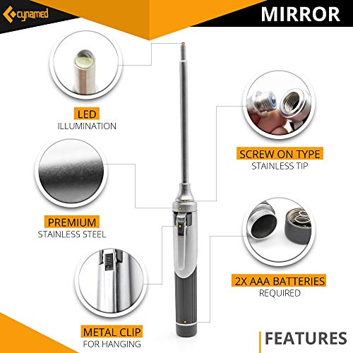 Cynamed Dental Inspection Mirror with LED Powered Illumination - Dental Veterinary First Aid Telescoping Hard to Reach Oral Mirror Anti-Fog Teeth Mouth Inspection