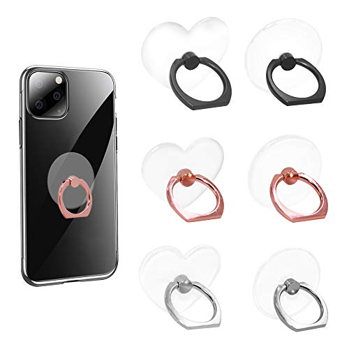 SENHAI 6 Pcs Transparent Mobile Phone Ring Holder, Round and Heart-Shaped 360 Degree Rotating Universal Ring Buckle Grip Stand for Smartphones, Tablets