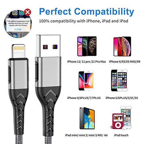 Durcord iPhone Charger, [MFi Certified] 3Pack 10FT USB A Cable for Long Lightning Charger Cable, Fast iPhone Charging Cord for iPhone Xs Max/XS/XR/X/8/7/6S/6/Plus/SE/iPad(Silver)