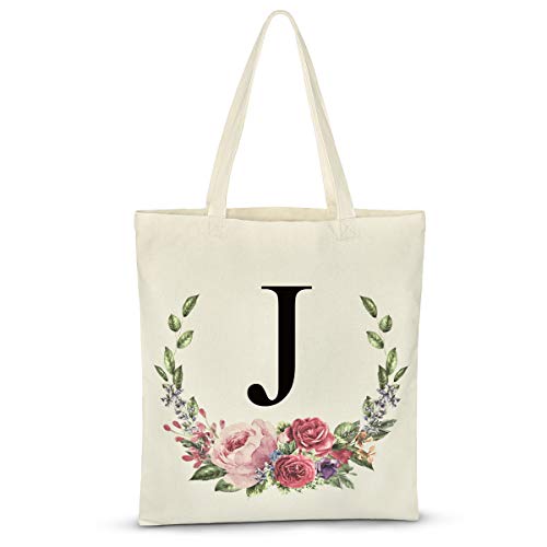 Personalized Floral Initial Tote Bags for women Canvas Tote Bags Reusable Grocery Shopping Bags for Bridesmaids Wedding Bachelorette Birthday Party Large Book Tote Gift Bags Eco - Friendly (Letter J)