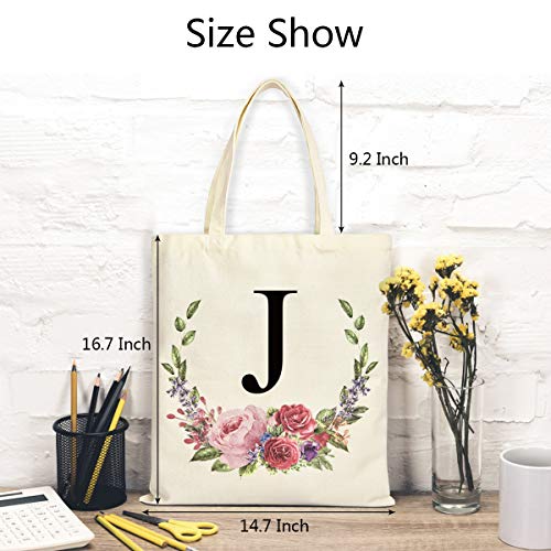 Personalized Floral Initial Tote Bags for women Canvas Tote Bags Reusable Grocery Shopping Bags for Bridesmaids Wedding Bachelorette Birthday Party Large Book Tote Gift Bags Eco - Friendly (Letter J)