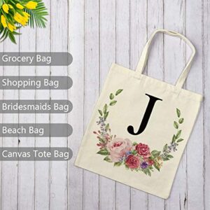 Personalized Floral Initial Tote Bags for women Canvas Tote Bags Reusable Grocery Shopping Bags for Bridesmaids Wedding Bachelorette Birthday Party Large Book Tote Gift Bags Eco - Friendly (Letter J)