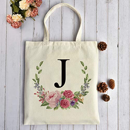 Personalized Floral Initial Tote Bags for women Canvas Tote Bags Reusable Grocery Shopping Bags for Bridesmaids Wedding Bachelorette Birthday Party Large Book Tote Gift Bags Eco - Friendly (Letter J)