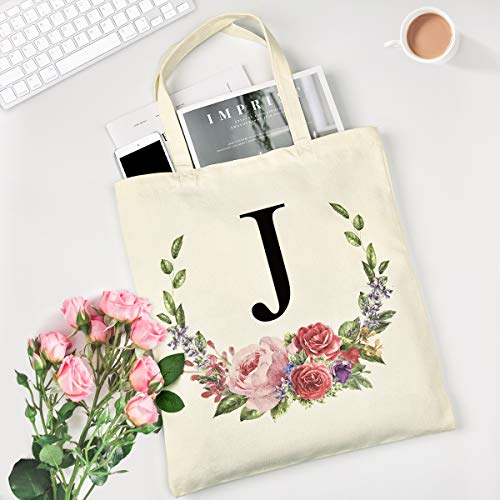 Personalized Floral Initial Tote Bags for women Canvas Tote Bags Reusable Grocery Shopping Bags for Bridesmaids Wedding Bachelorette Birthday Party Large Book Tote Gift Bags Eco - Friendly (Letter J)